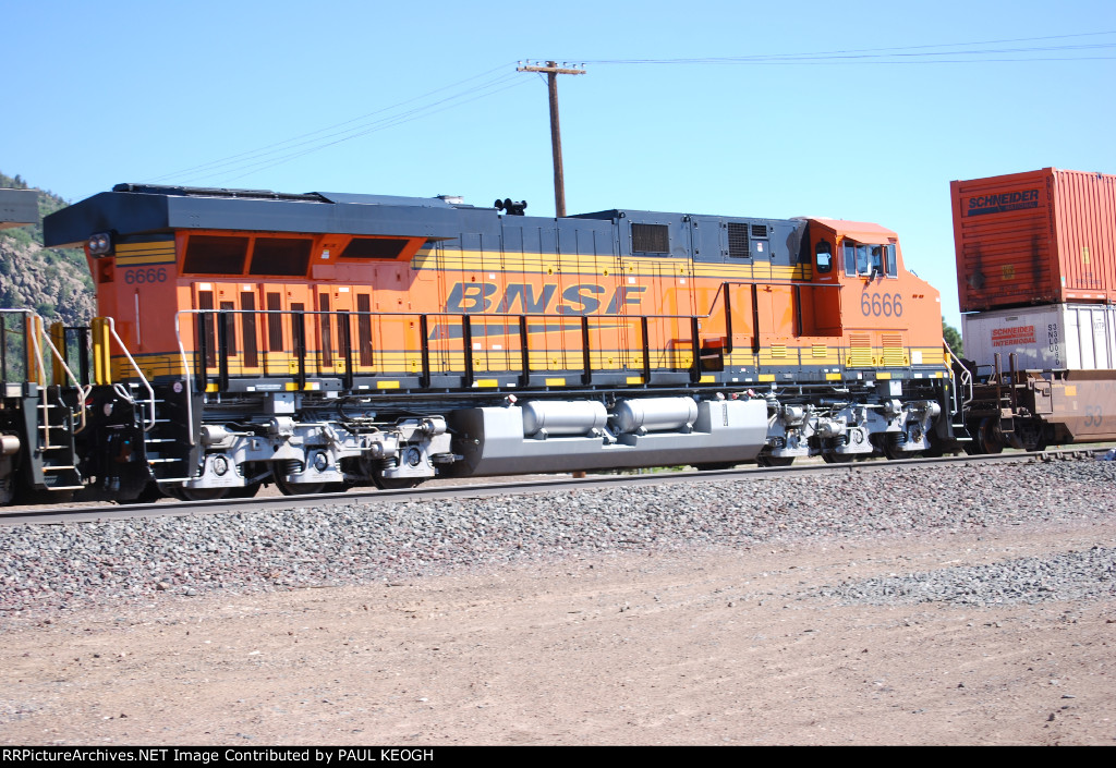 BNSF 6666 pulls a Z-Train west as a #3 unit towards BNSF Needles, California as she continues ...